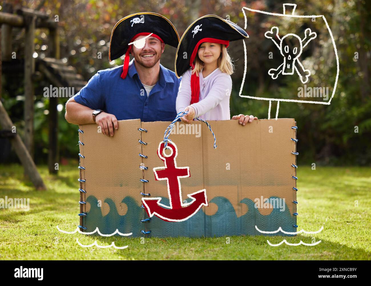 Backyard, pirate and dad with child in box with creativity for playing ...