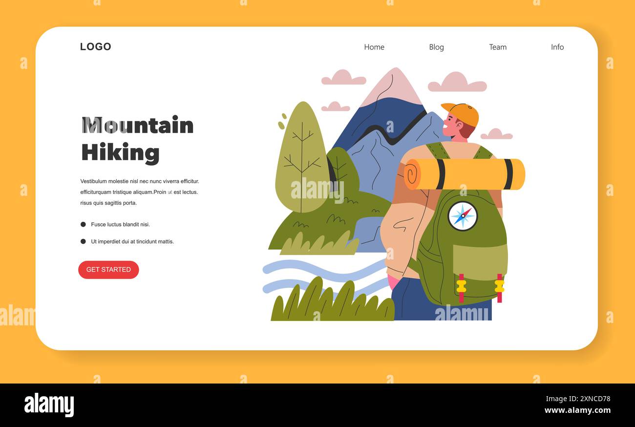 Mountain Hiking concept. Adventurous hiker with backpack gazes at peaks ...