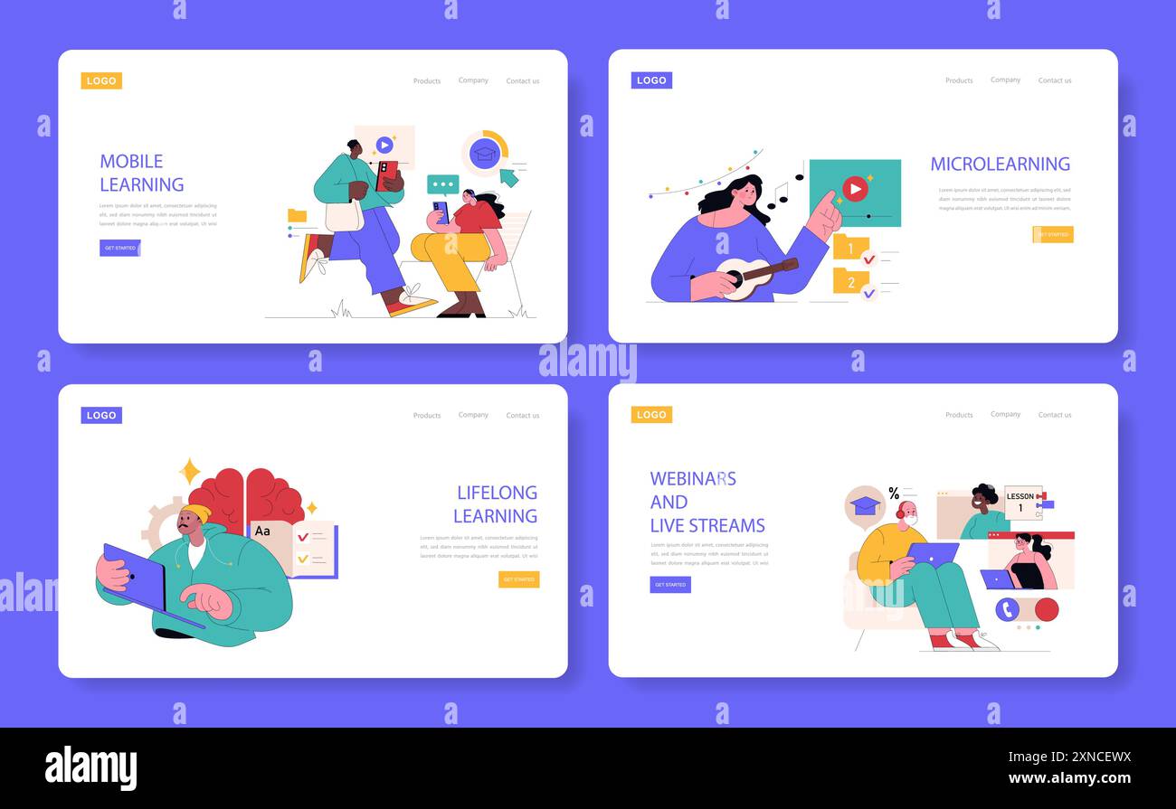 Educational website set. Online learning platforms featuring mobile education, microlearning ...