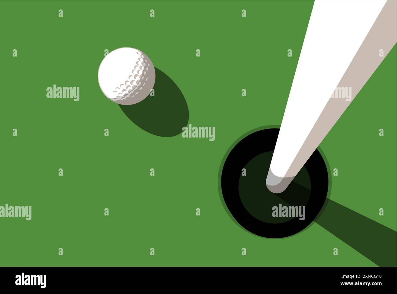 Golf ball on golf course near hole with flagstick, view from above ...