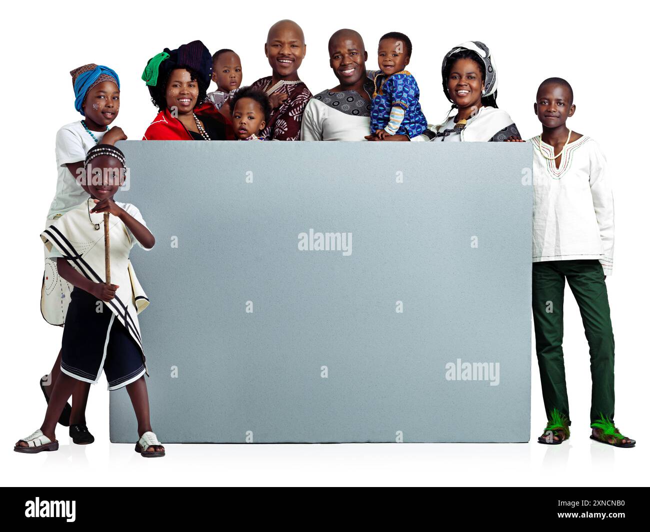 African family, portrait and empty board in studio for culture, placard ...
