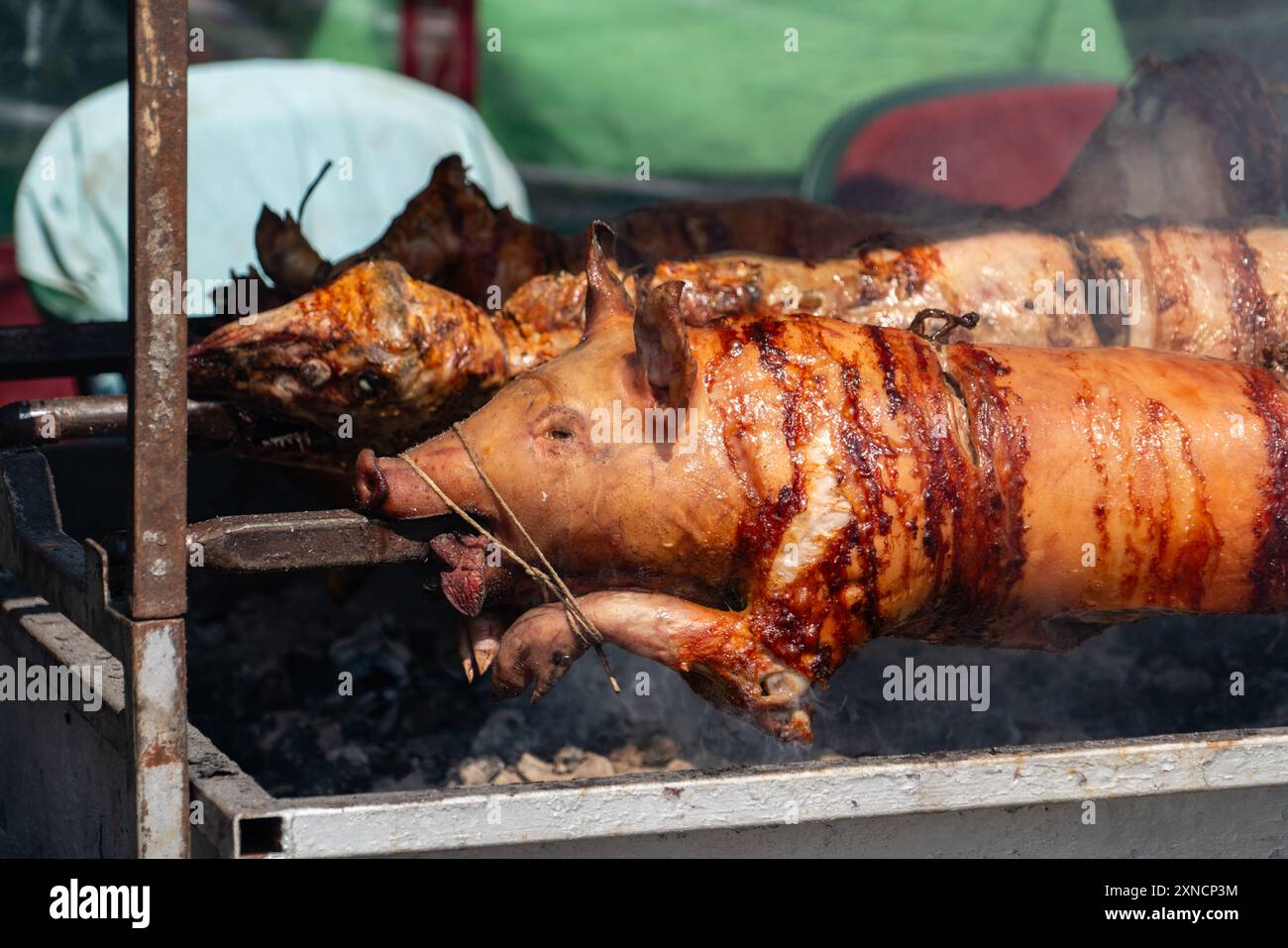 A whole pig roasting on a spit over an open flame, traditional methods ...