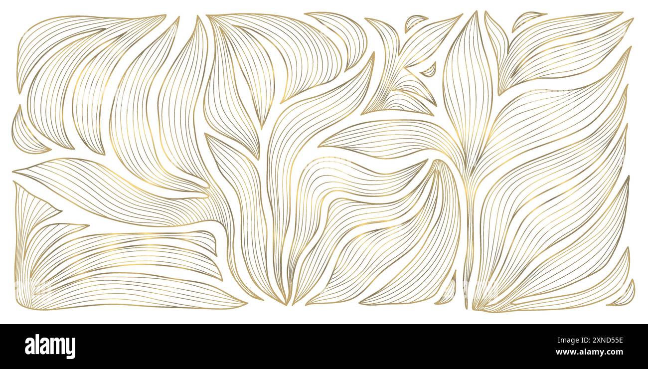 Vector art deco golden line leaves pattern, nature classic wavy ...