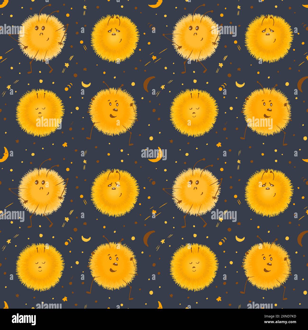 Fun fantasy objects. Cute fluffy sun stars. Seamless pattern with ...