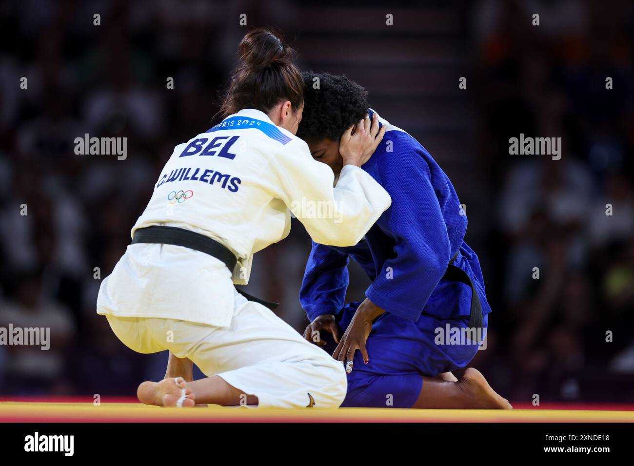 Gabriella Willems (white) of Belgium and Marie-Eve Gahie (blue) of ...
