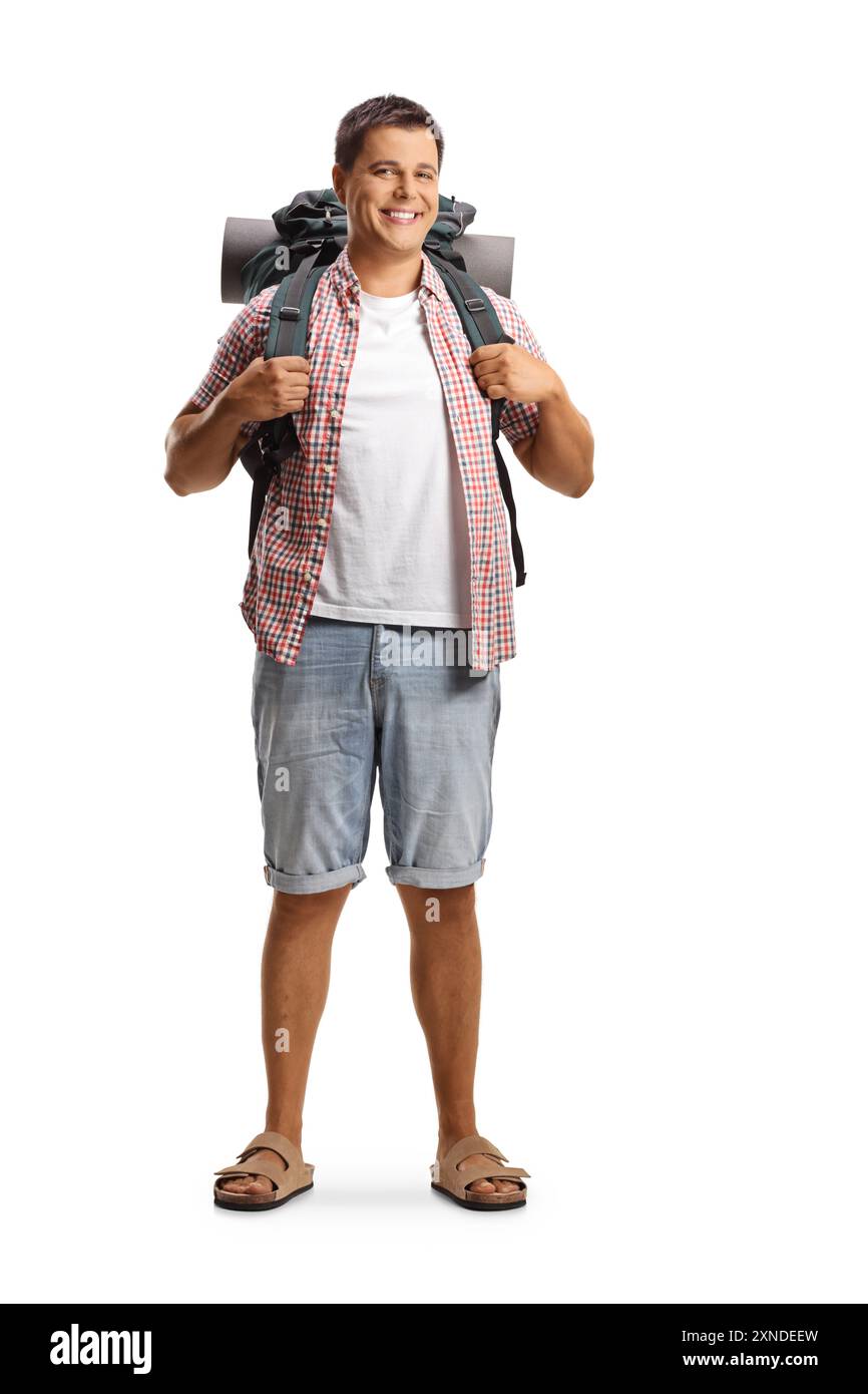 Male city tourist with backpack on his back isolated on white ...