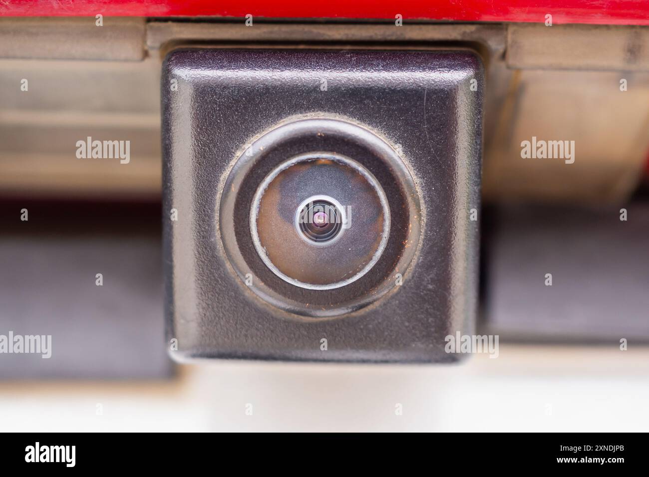 Red car rear view camera close up for parking assistance Stock Photo ...