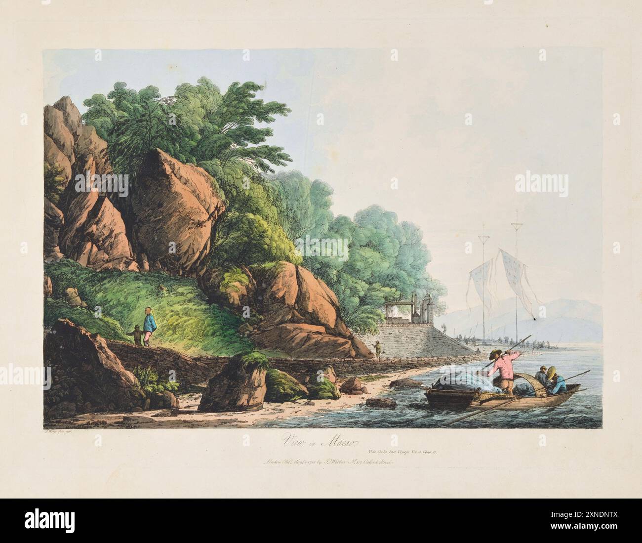 "View of Macao", featuring fishermen in boat in harbour. bookplate ...