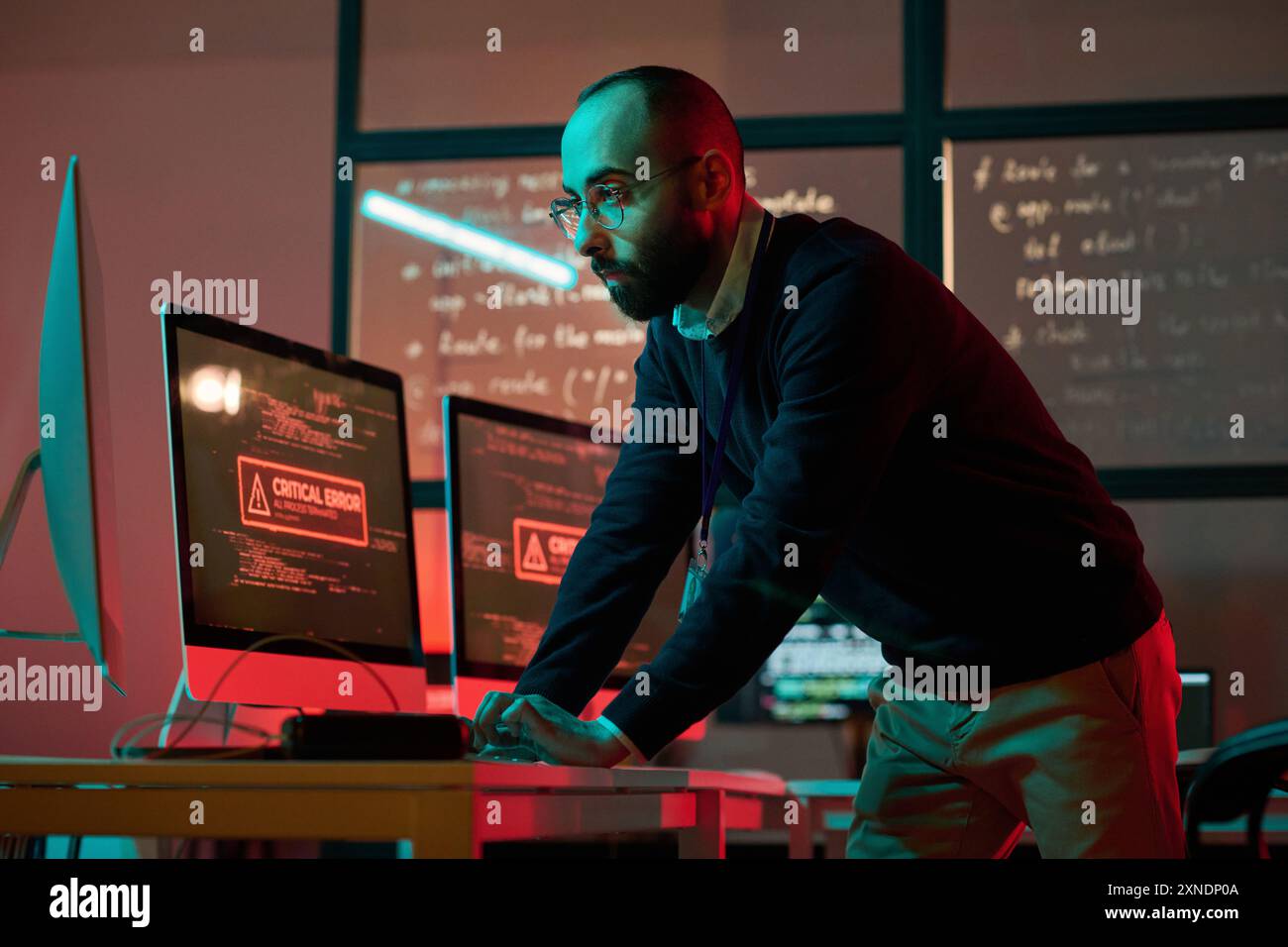 Dramatic portrait of bearded cybersecurity expert preventing emergency ...
