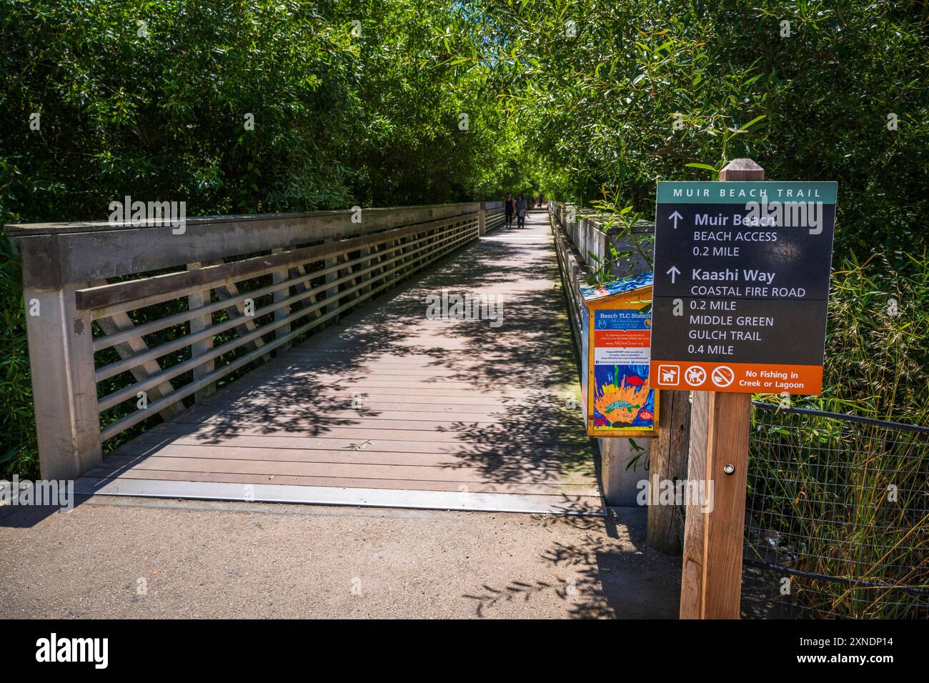 Trail sign and boardwalk at Muir Beach, Marin County, California USA ...