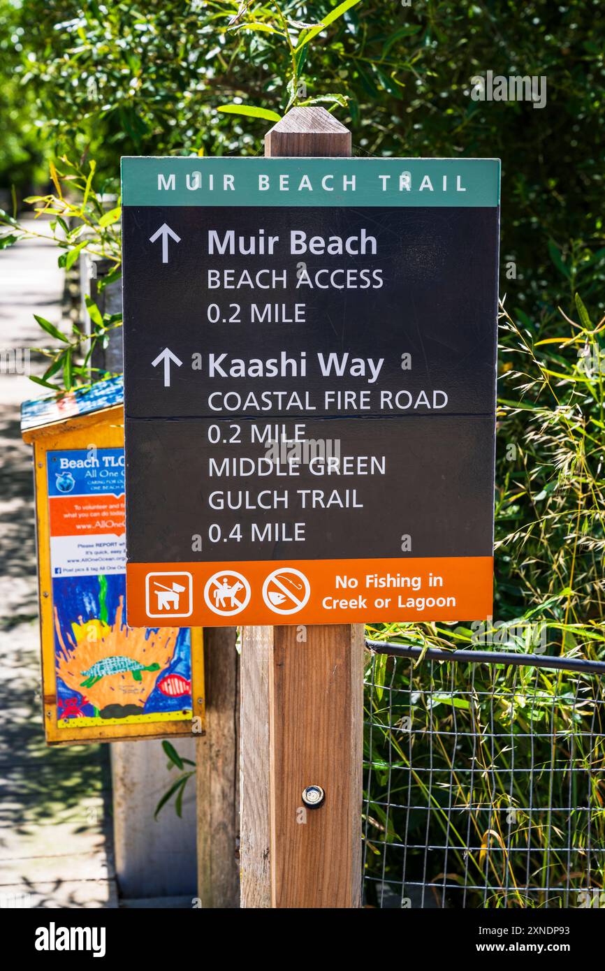 Trail sign and boardwalk at Muir Beach, Marin County, California USA ...