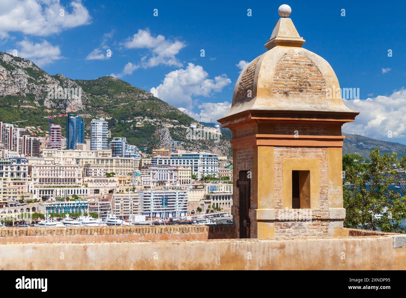 Old coastal fortification of Monte Carlo, Monaco. Stone watchtower on a ...