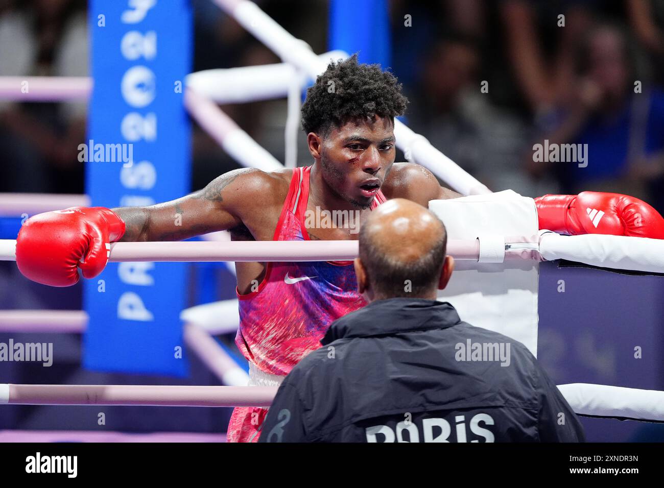USA's Jahmal Harvey in his match against Brazil's Luiz Gabriel Oliveira ...
