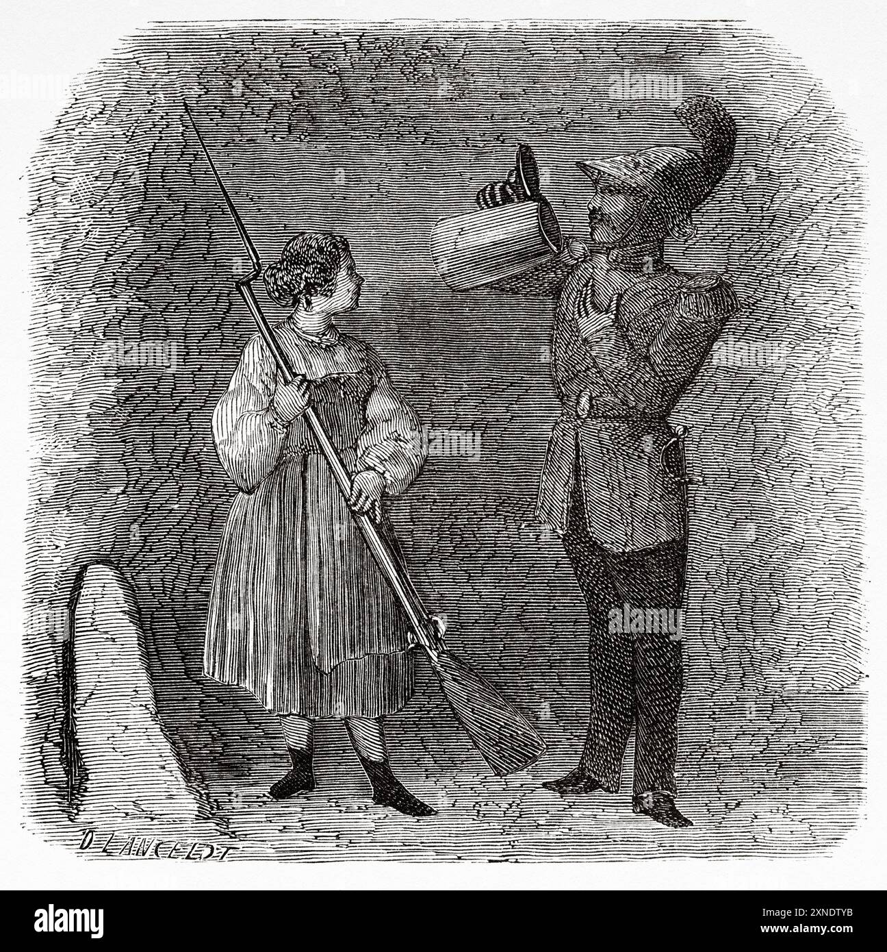 A sentry drinking a mug of beer while a waitress holds his gun., Munich ...