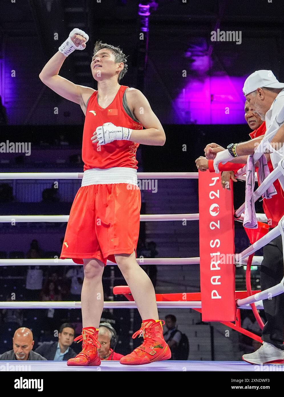 Paris, France. 31st July, 2024. Yang Wenlu of China celebrates winning ...