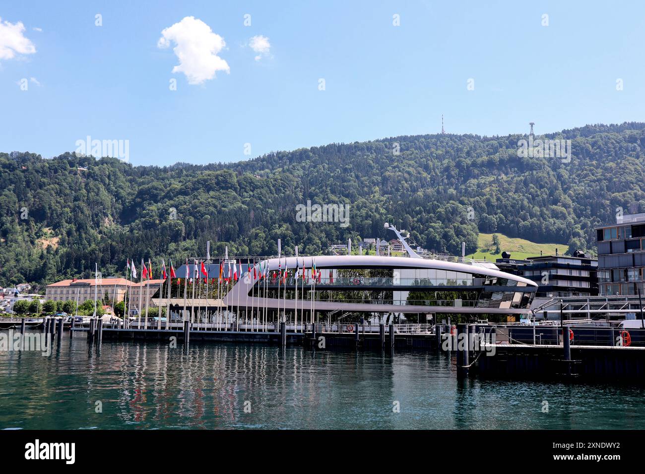 Bregenz harbor entrance, Austria on Lake Constance in summertime Stock ...