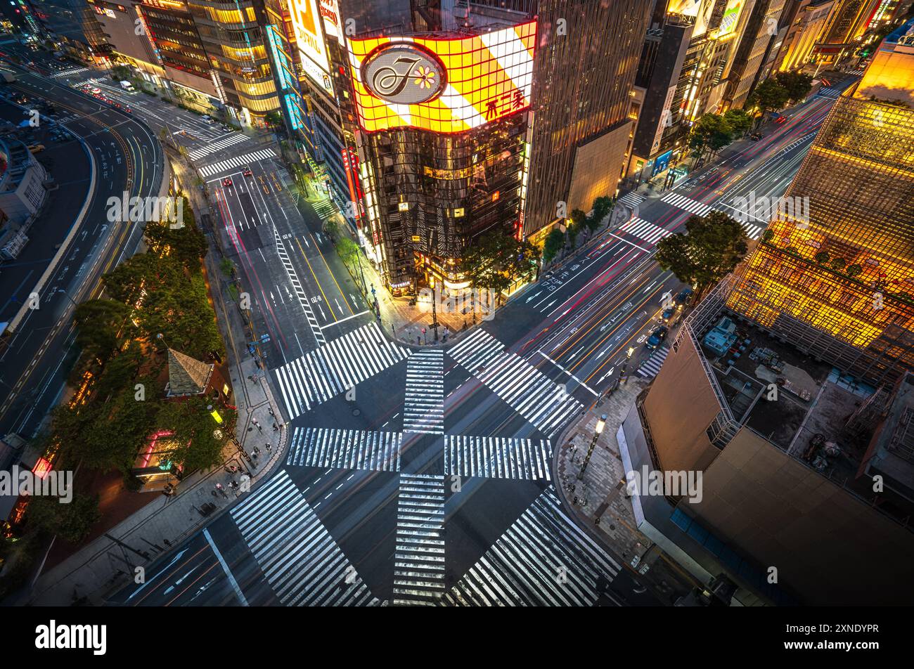Aerial view of a beautifully lit Tokyo Ginza City Scramble Crossing ...