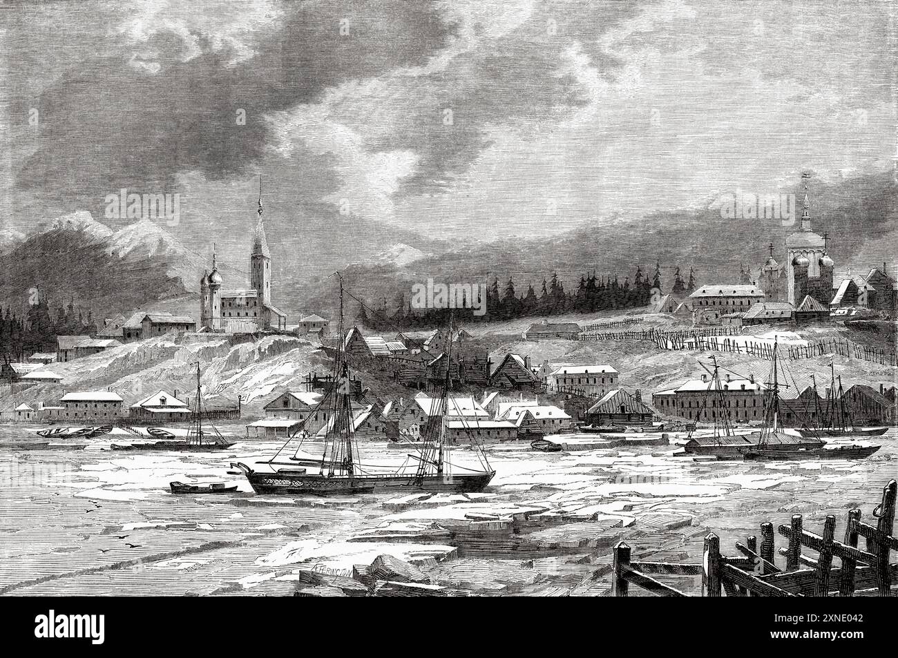 Panoramic view of Berezovo and Severnaya Sosva river, Russia. Drawing ...