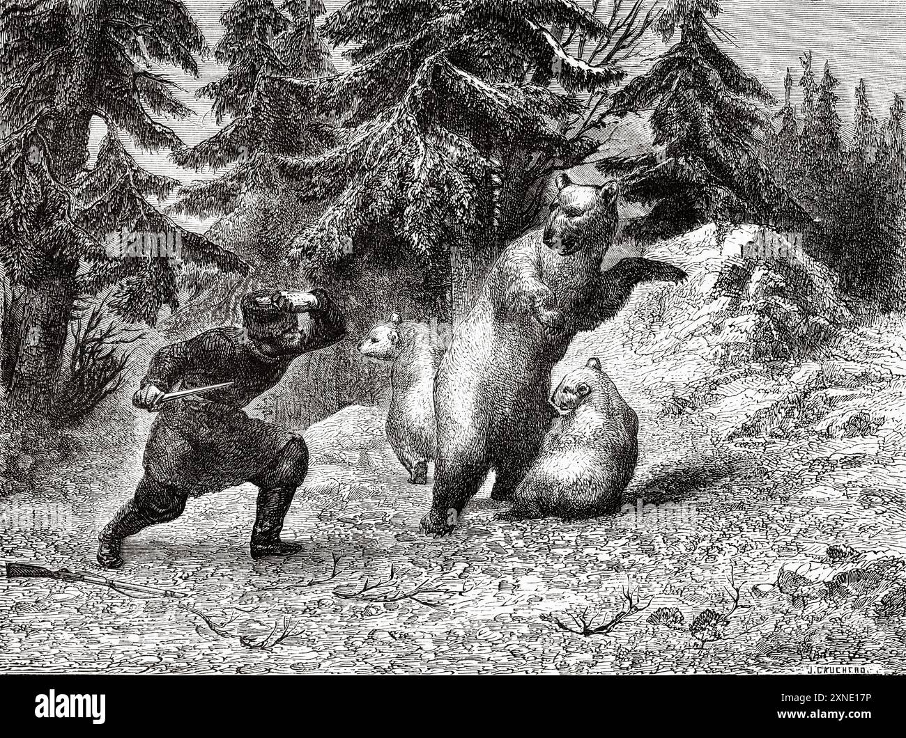 Bear hunter in Siberia, Russia. Drawing by Claude Durand-Berger. From ...