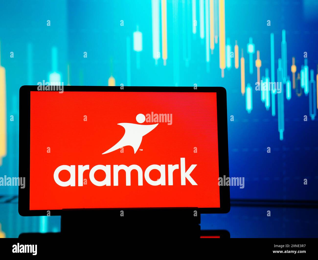 In this photo illustration, the Aramark Corporation logo seen displayed ...