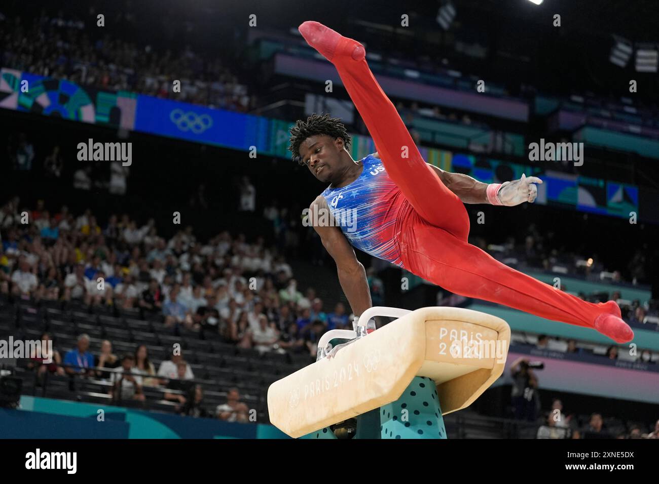Frederick Richard, of the United States, performs on the pommel horse ...