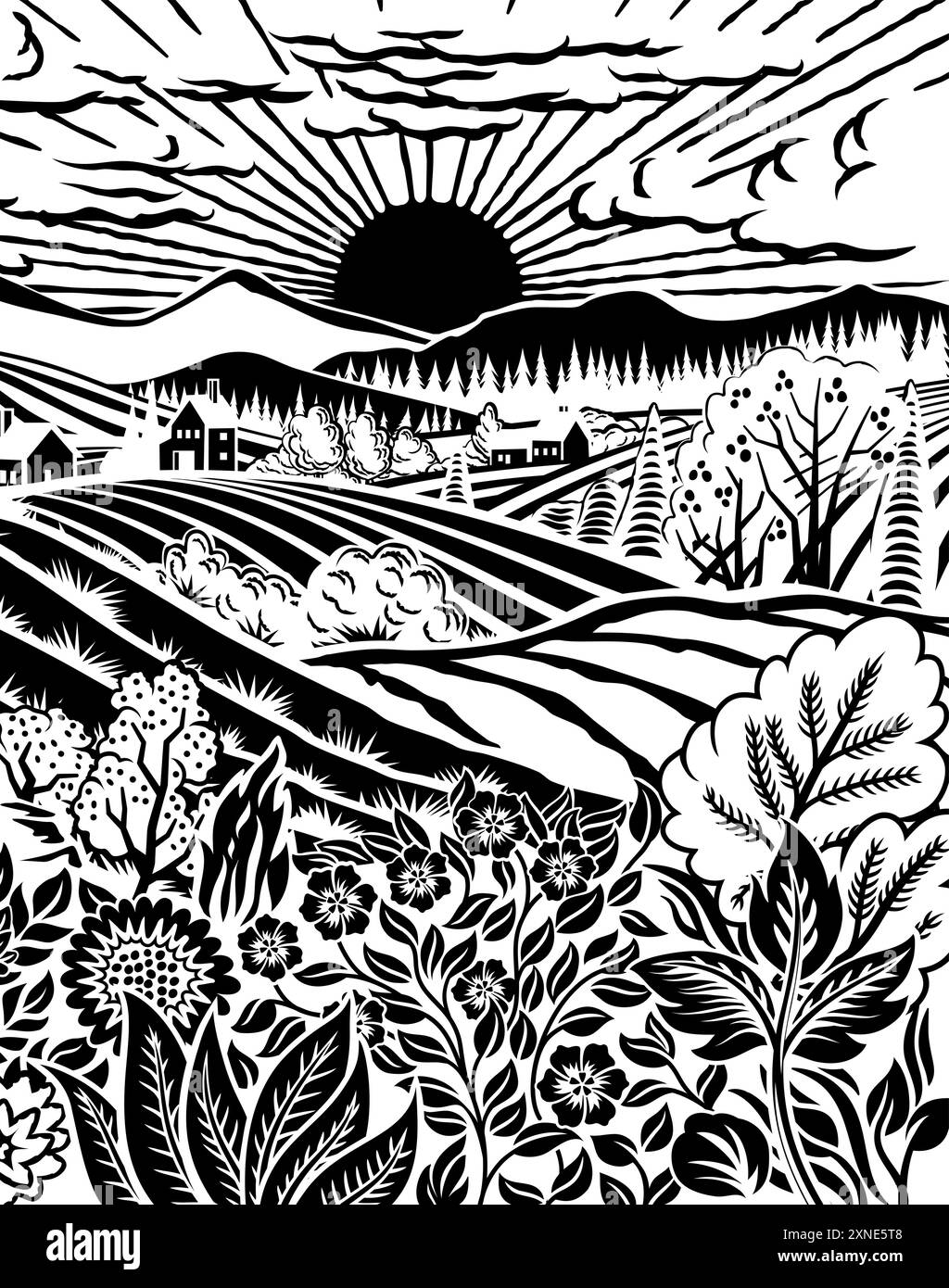 Fields Rolling Hills Farm Land Flowers Background Stock Vector Image ...