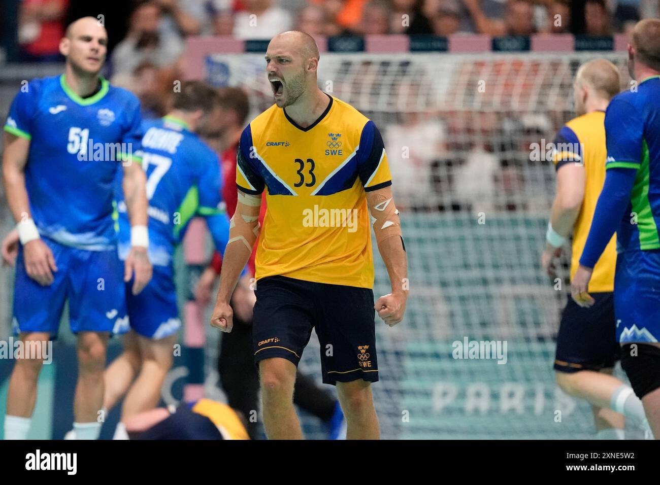 Lukas Sandell, of Sweden, reacts after scoring against Slovenia during ...