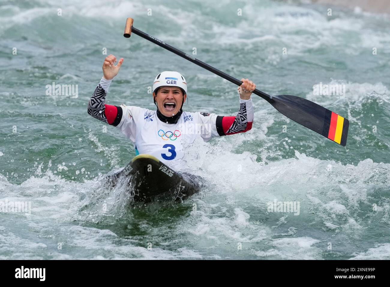 Elena Lilik of Germany reacts in the finish area of the women's canoe ...