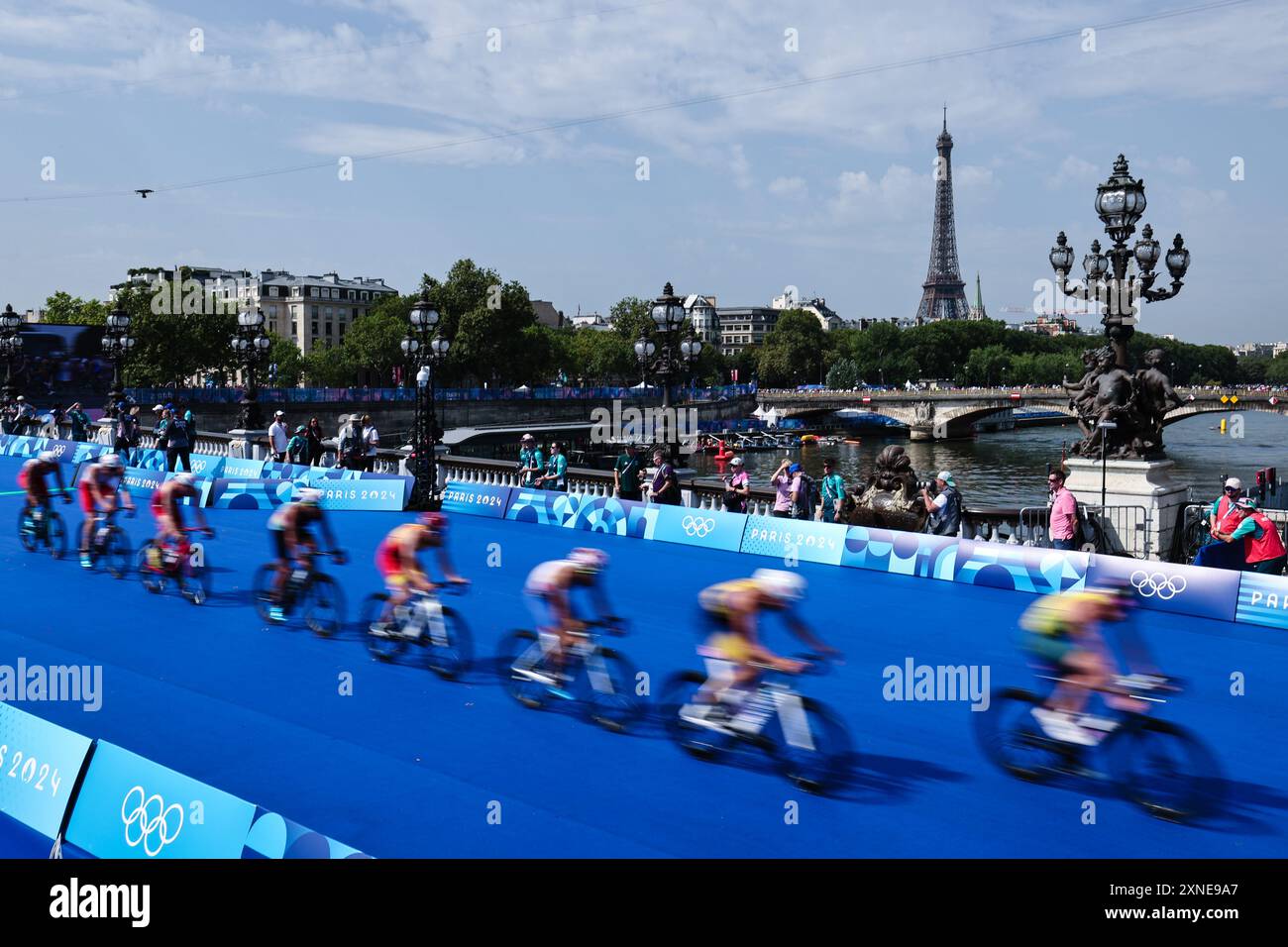 PARIS, FRANCE. 31st July, 2024. Riders compete on the cycle leg of the ...