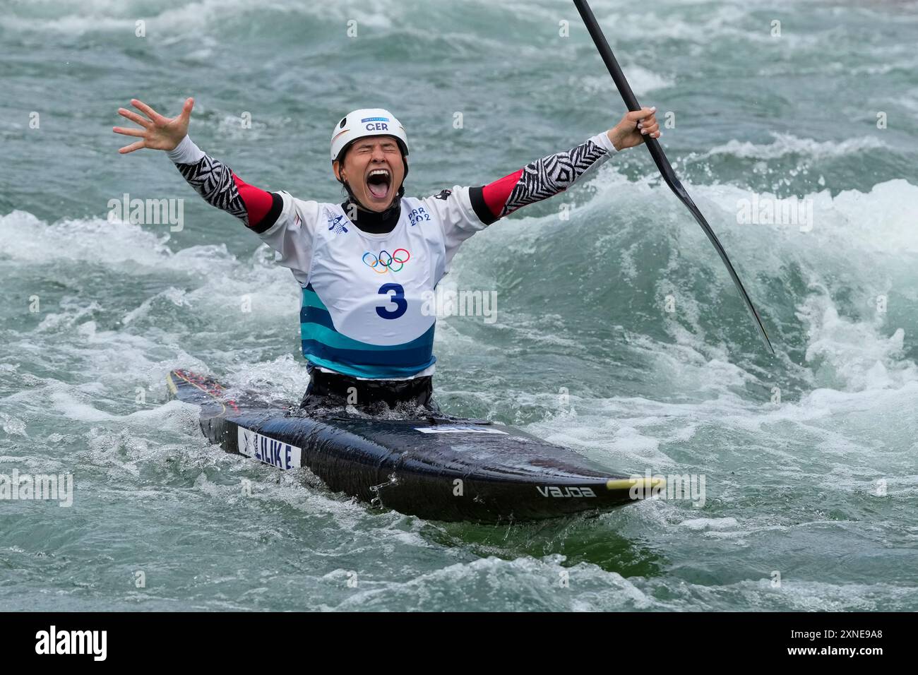Elena Lilik of Germany reacts in the finish area of the women's canoe ...