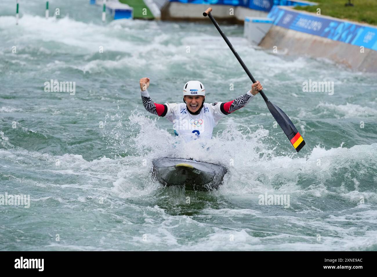 Elena Lilik of Germany reacts in the finish area of the women's canoe ...