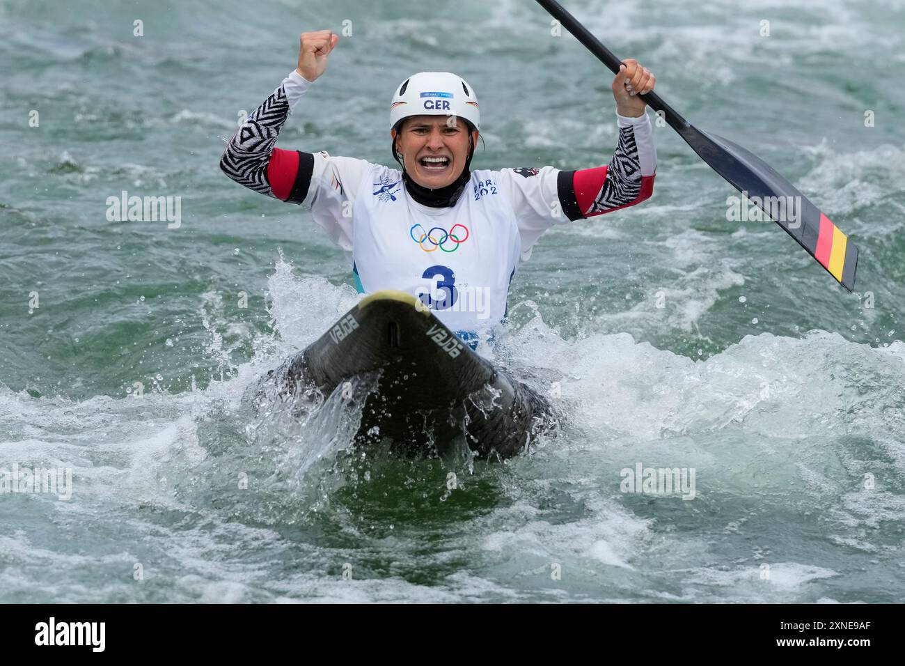 Elena Lilik of Germany reacts in the finish area of the women's canoe ...