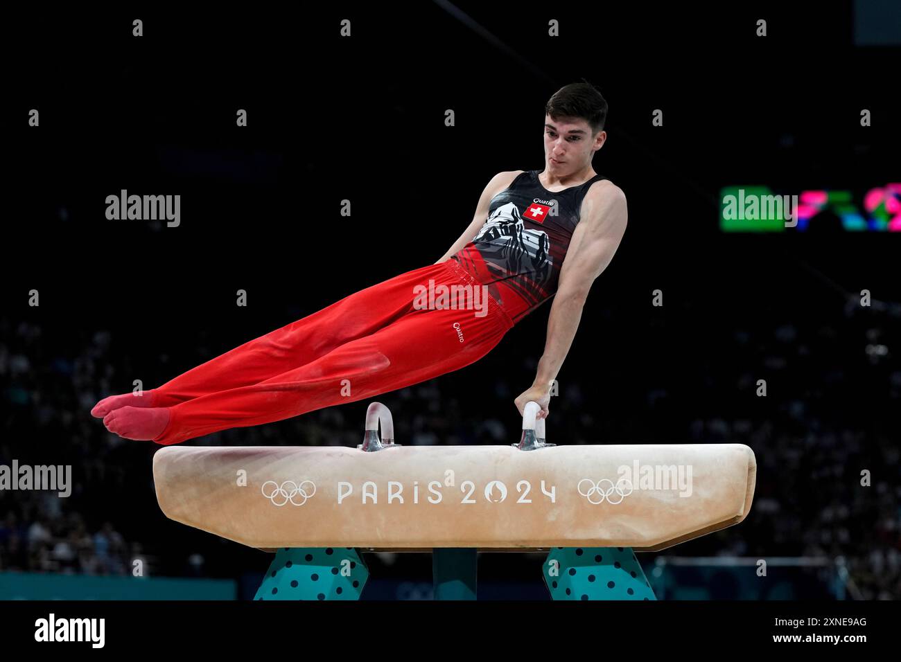 Matteo Giubellini, of Switzerland, performs on the pommel horse during ...