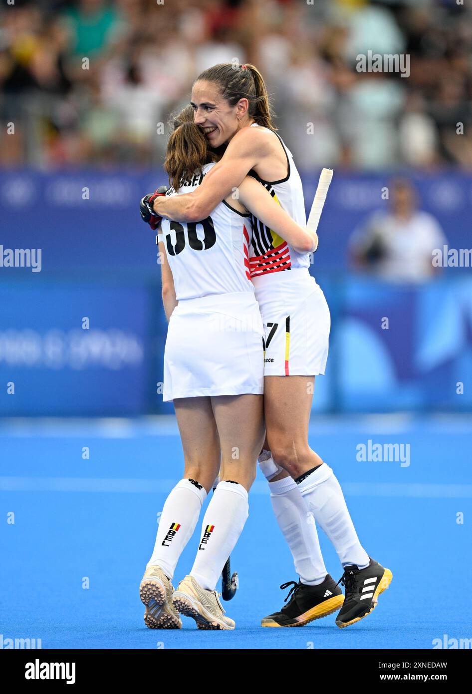 Belgium's Helene Brasseur celebrates after scoring during a hockey game ...