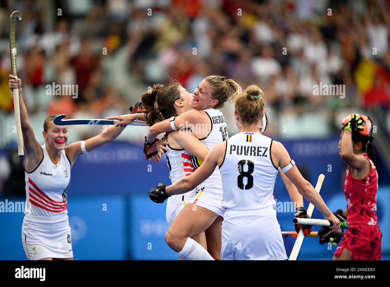 Belgium's Helene Brasseur celebrates after scoring during a hockey game ...