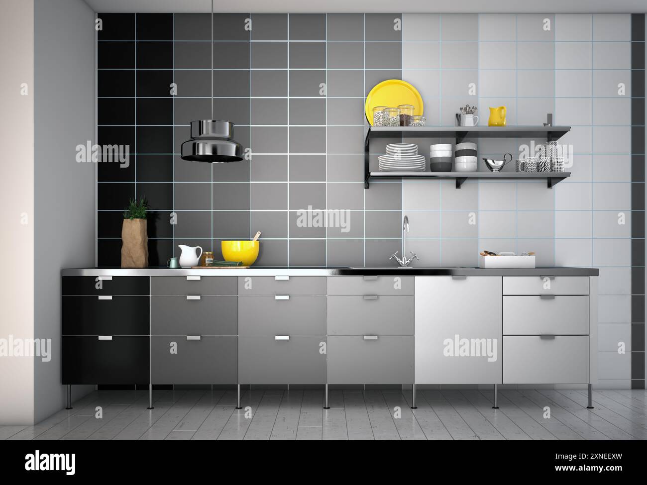 A kitchen with black and white cabinets, 3d rendering Stock Photo - Alamy