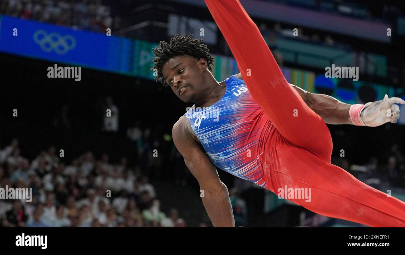 Frederick Richard, of the United States, performs on the pommel horse ...