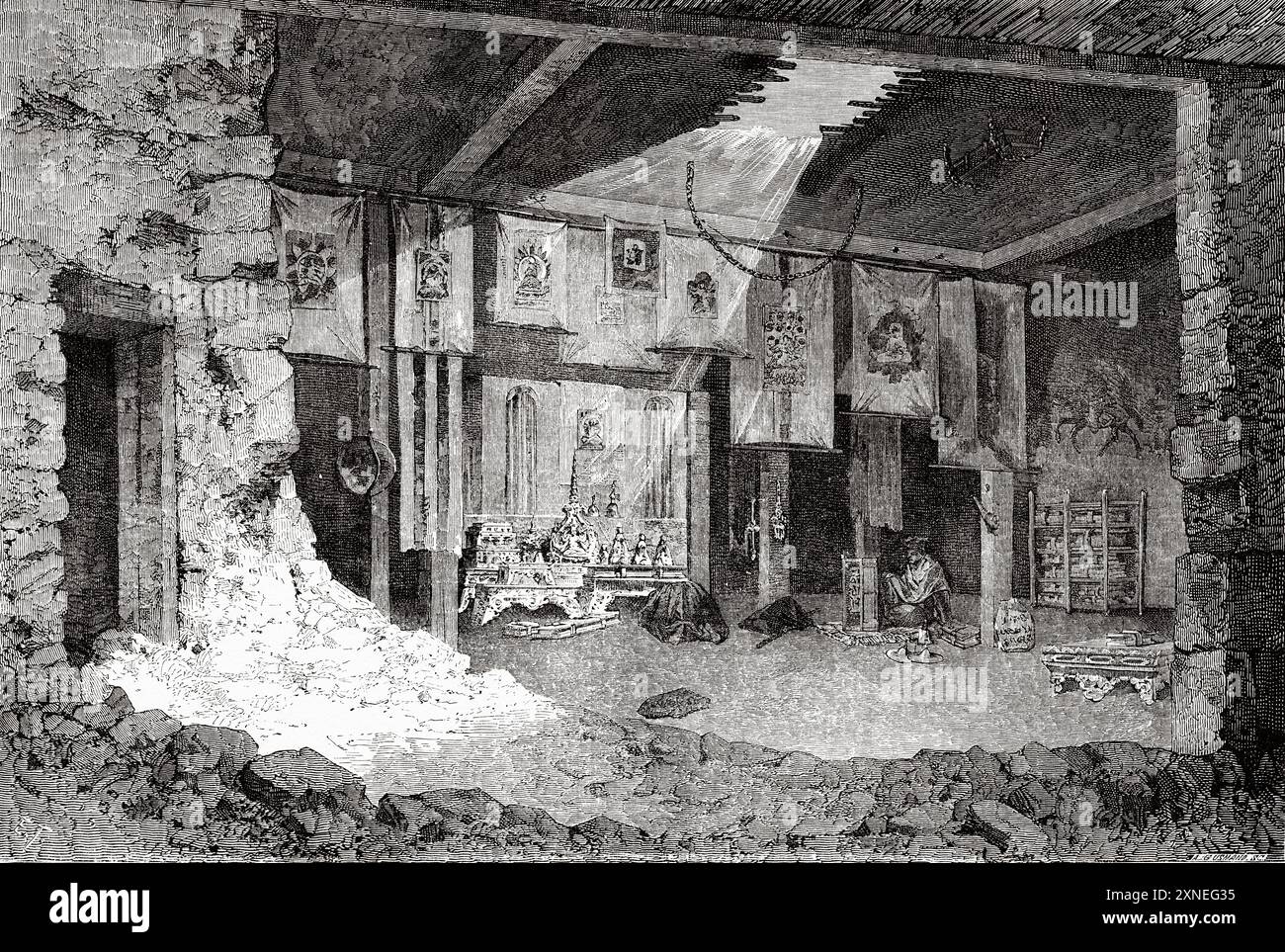 Interior ruins of the Buddhist temple in the Mangnang Monastery, Tibet ...