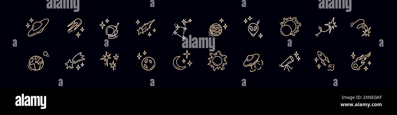 Doodle outer space cosmic icons set. Planets, constellation, spacecraft ...