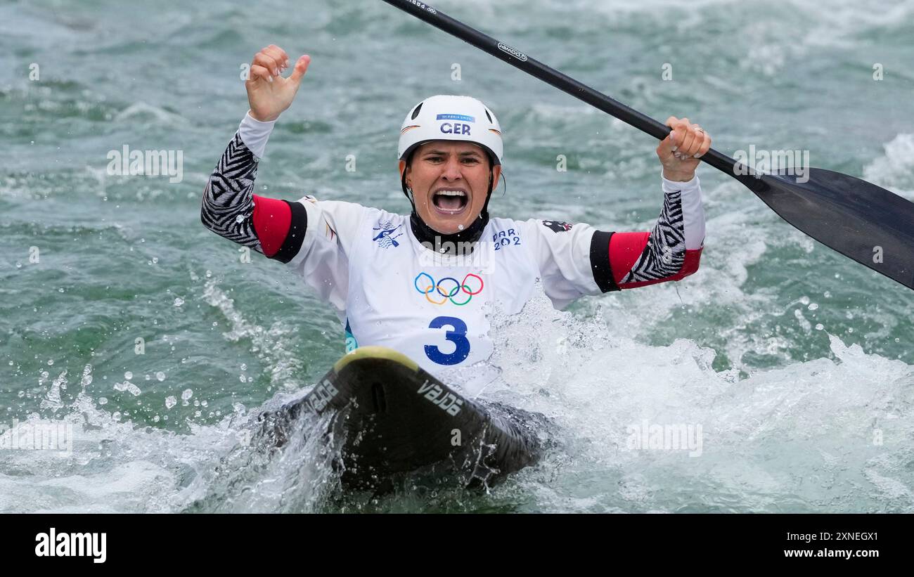 Elena Lilik of Germany reacts in the finish area of the women's canoe ...
