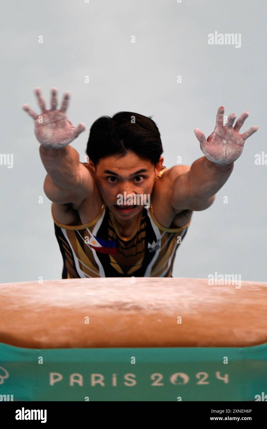 Carlos Edriel Yulo, of the Philippines, performs on the vault during ...