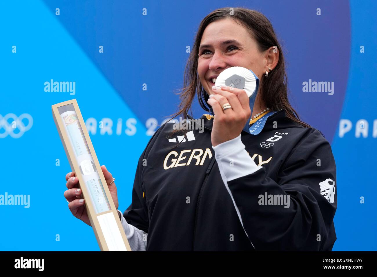 Elena Lilik of Germany celebrates with the silver medal in the women's ...
