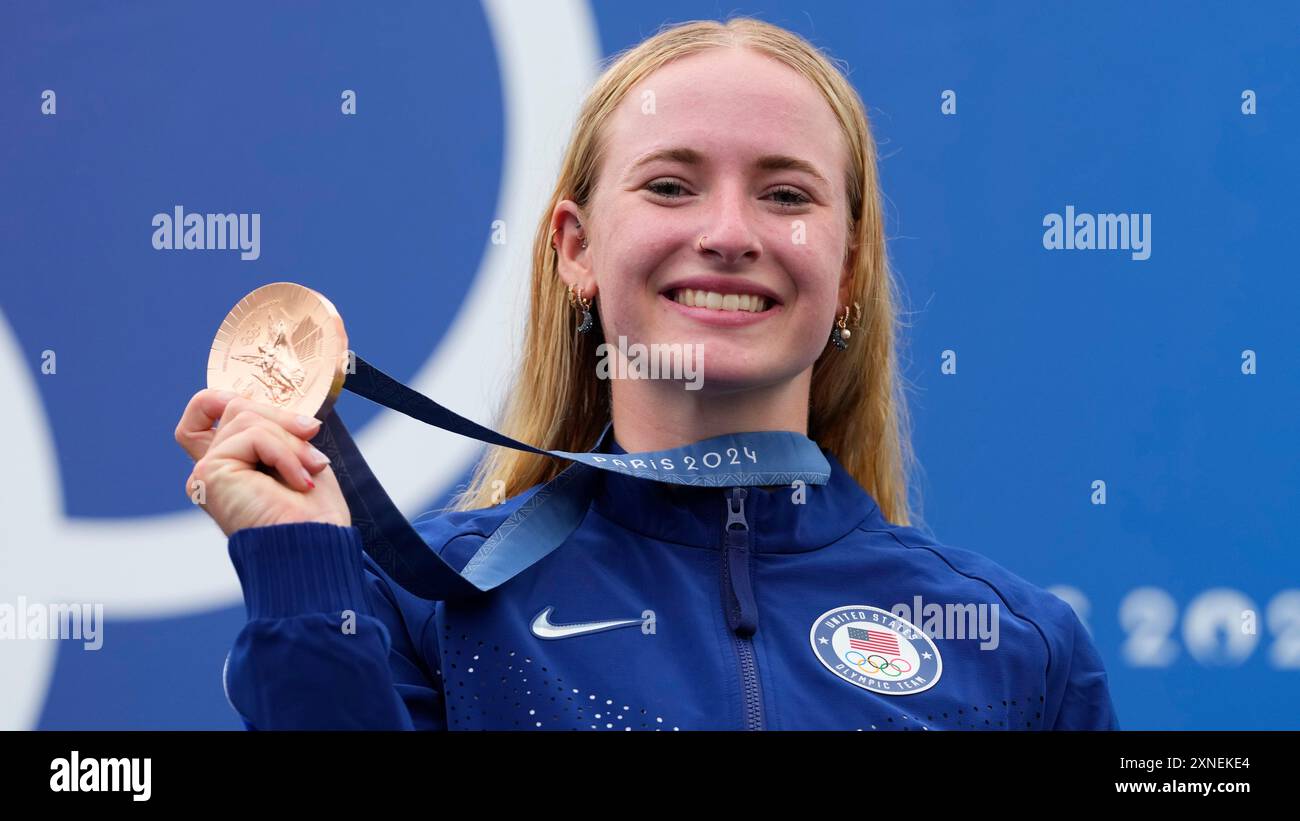 Evy Leibfarth of the United States celebrates with the bronze medal in ...