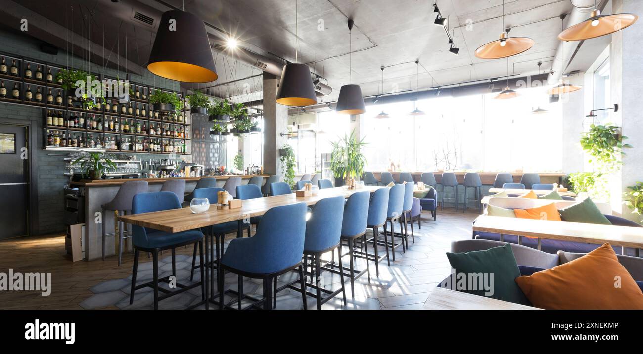 Empty bar counter interior in modern cozy cafe, panorama Stock Photo ...