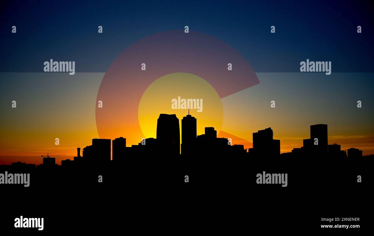 Denver Skyline Sunrise with Colorado Flag in Sky Stock Photo - Alamy