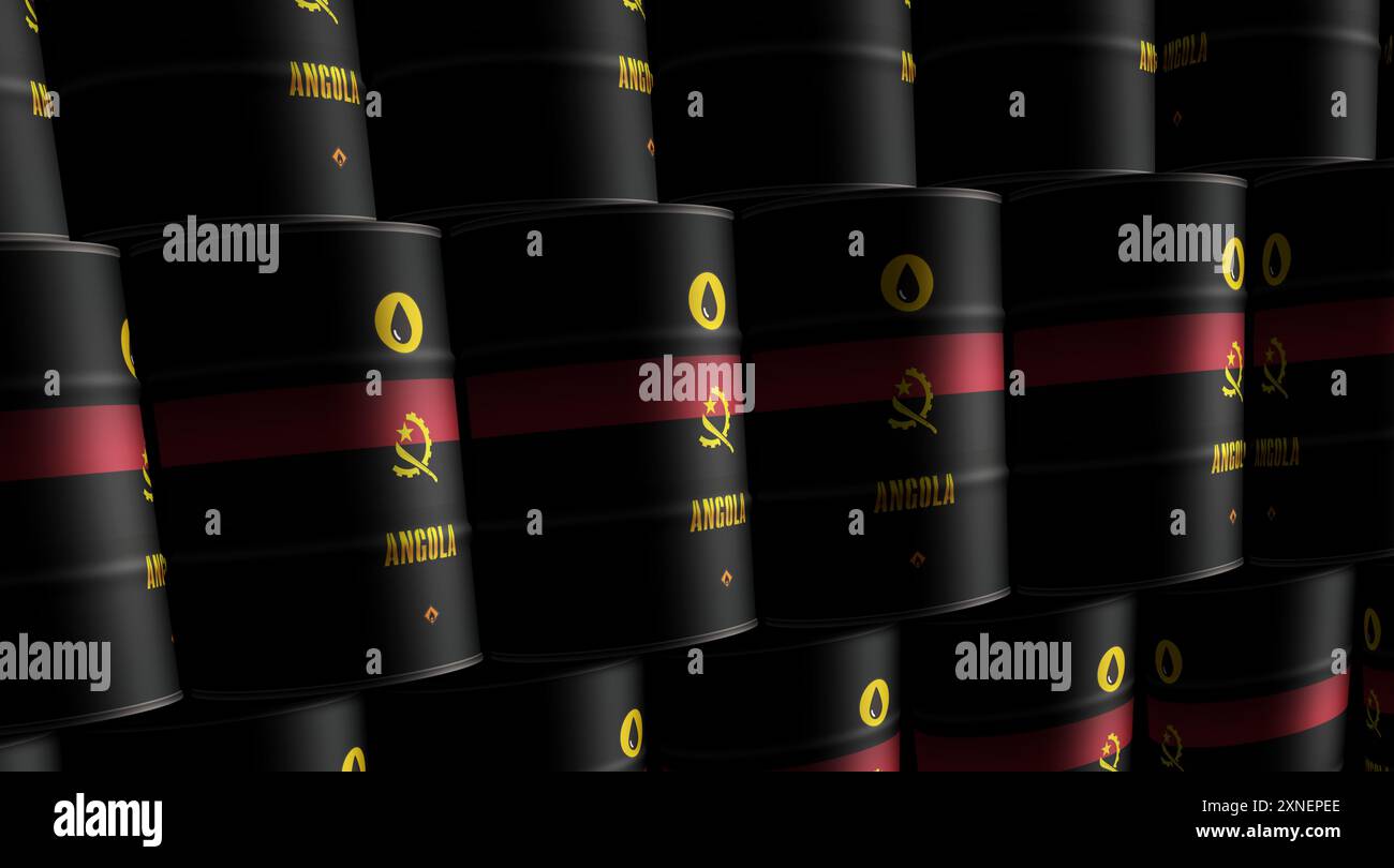 Angola oil crude petroleum fuel barrels in row concept. Angolan petrol ...