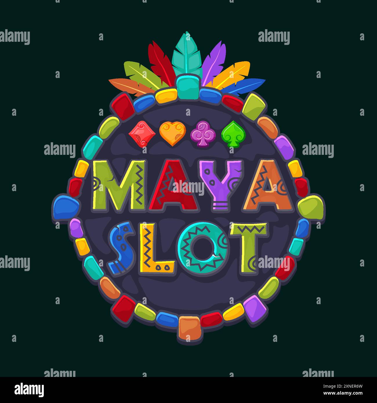 Game icon for Maya slot. Round granite frame design element. APP icon with playing card suit ...