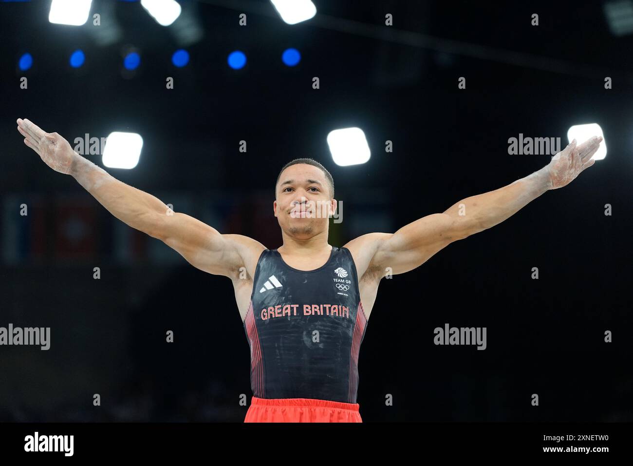 Joe Fraser, of Britain, performs on the vault during the men's artistic ...