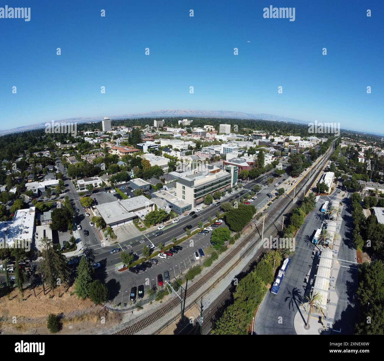 Aerial view of Palo Alto Transit Center served by Caltrain rail service ...