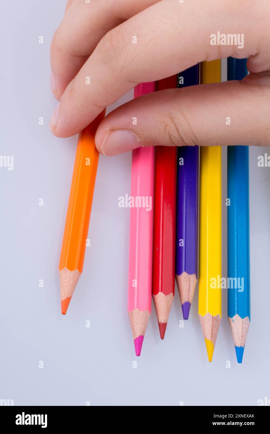 Hand holding color Pencils placed on a white background Stock Photo - Alamy